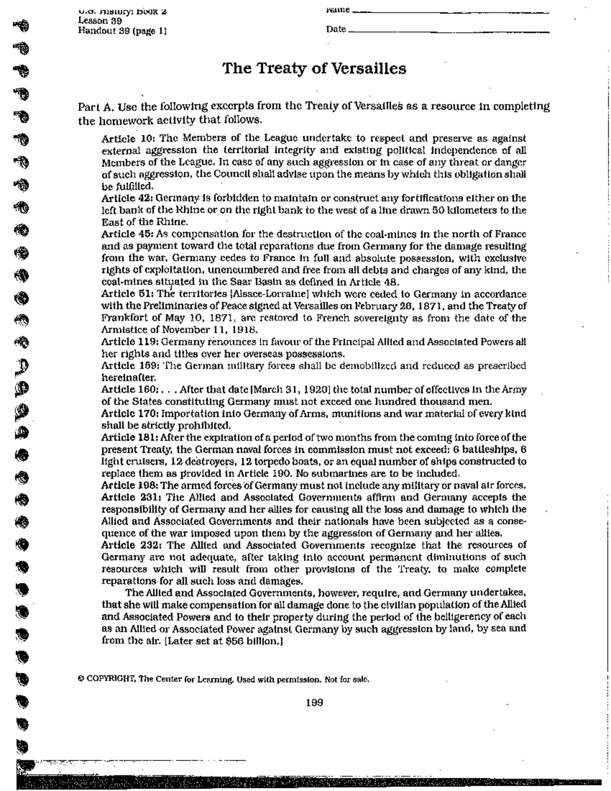 Treaty of versailles - U. rustory: BOOK 2 Name Lesson 39 Handout 39 ...