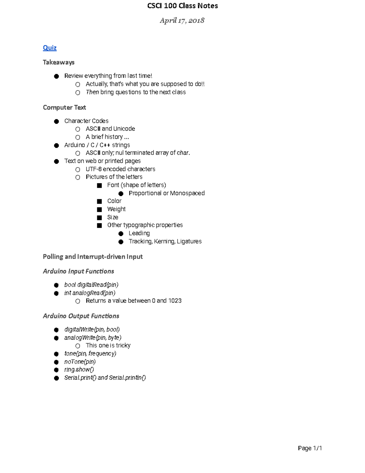 2018-04-17 Class Notes - CSCI 100 Class Notes April 17, 2018 Quiz ...