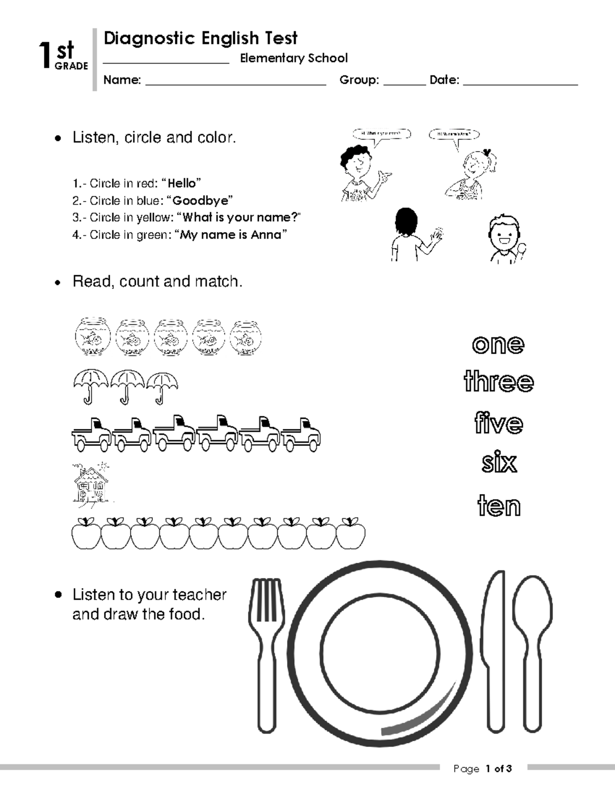 1st Grade Diagnostic Test - Page 1 of 3 Listen, circle and color. 1 ...