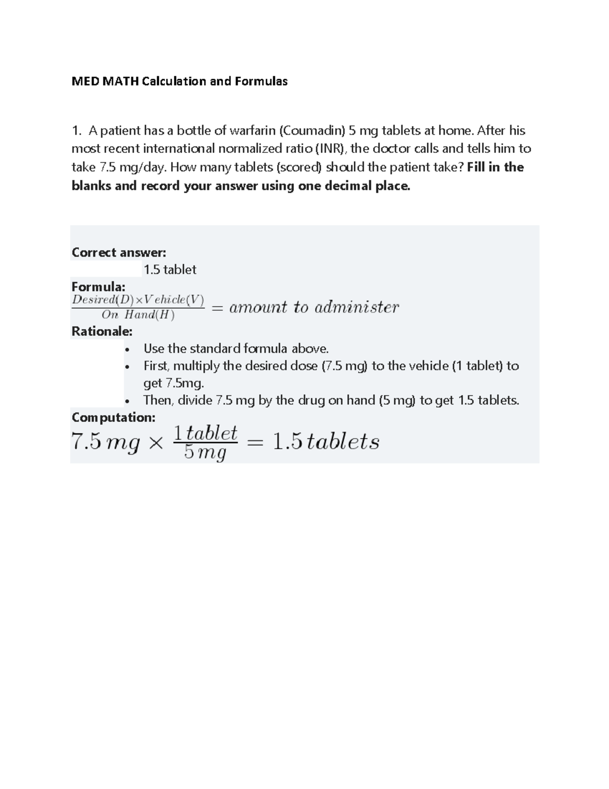 MED MATH Calculation and Formulas - After his most recent international ...