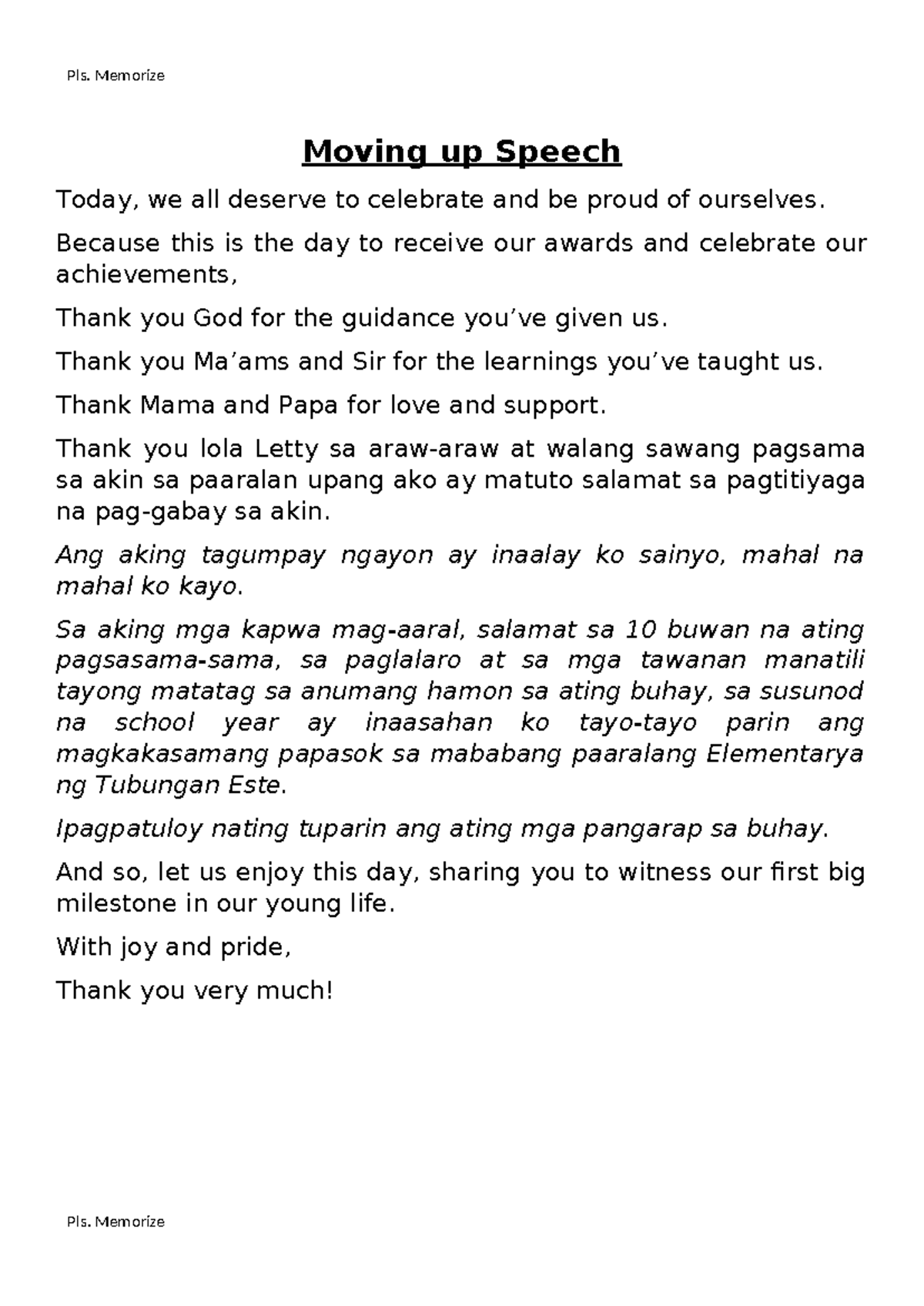 Welcome Address 2023-2024 - Pls. Memorize Pls. Memorize Moving up ...