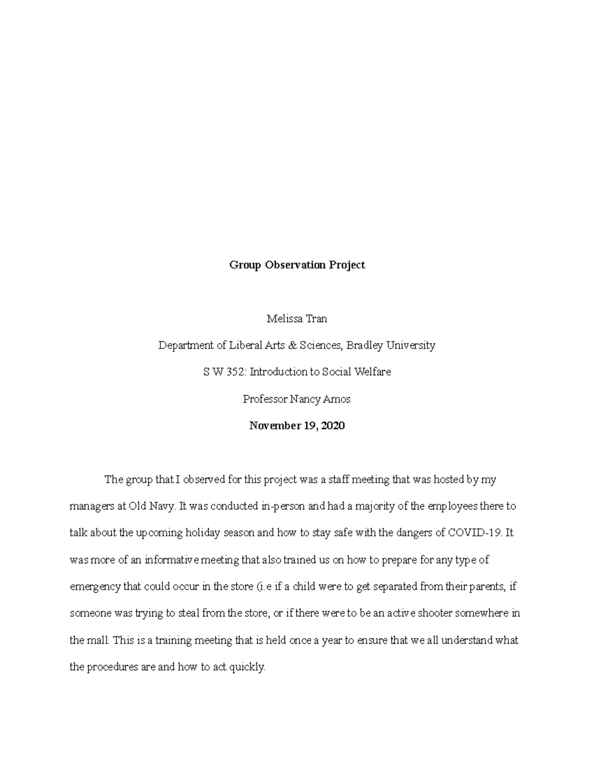 SW 352 - Observation Project - Group Observation Project Melissa Tran ...