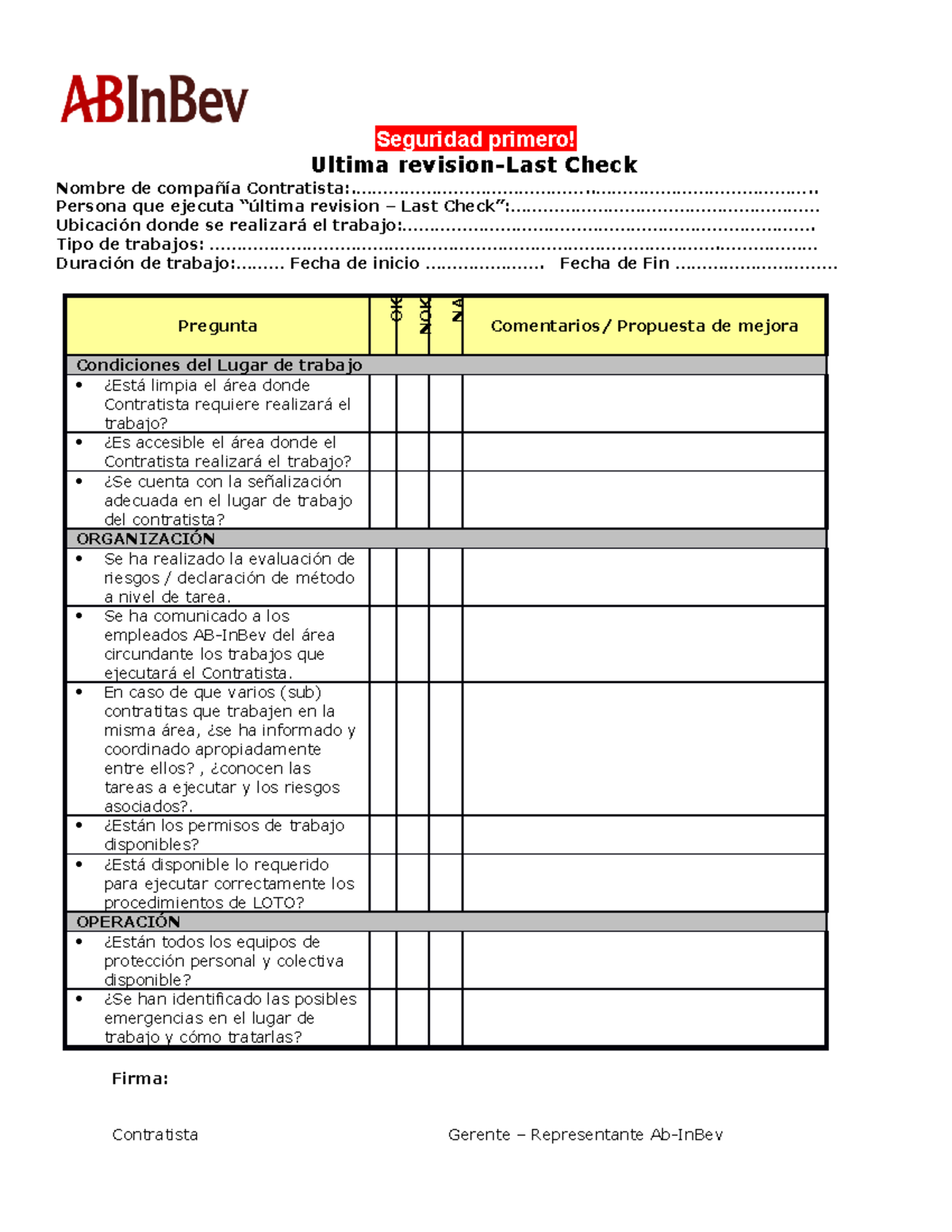 LAST Check - Seguridad primero! Ultima revision-Last Check Nombre de ...