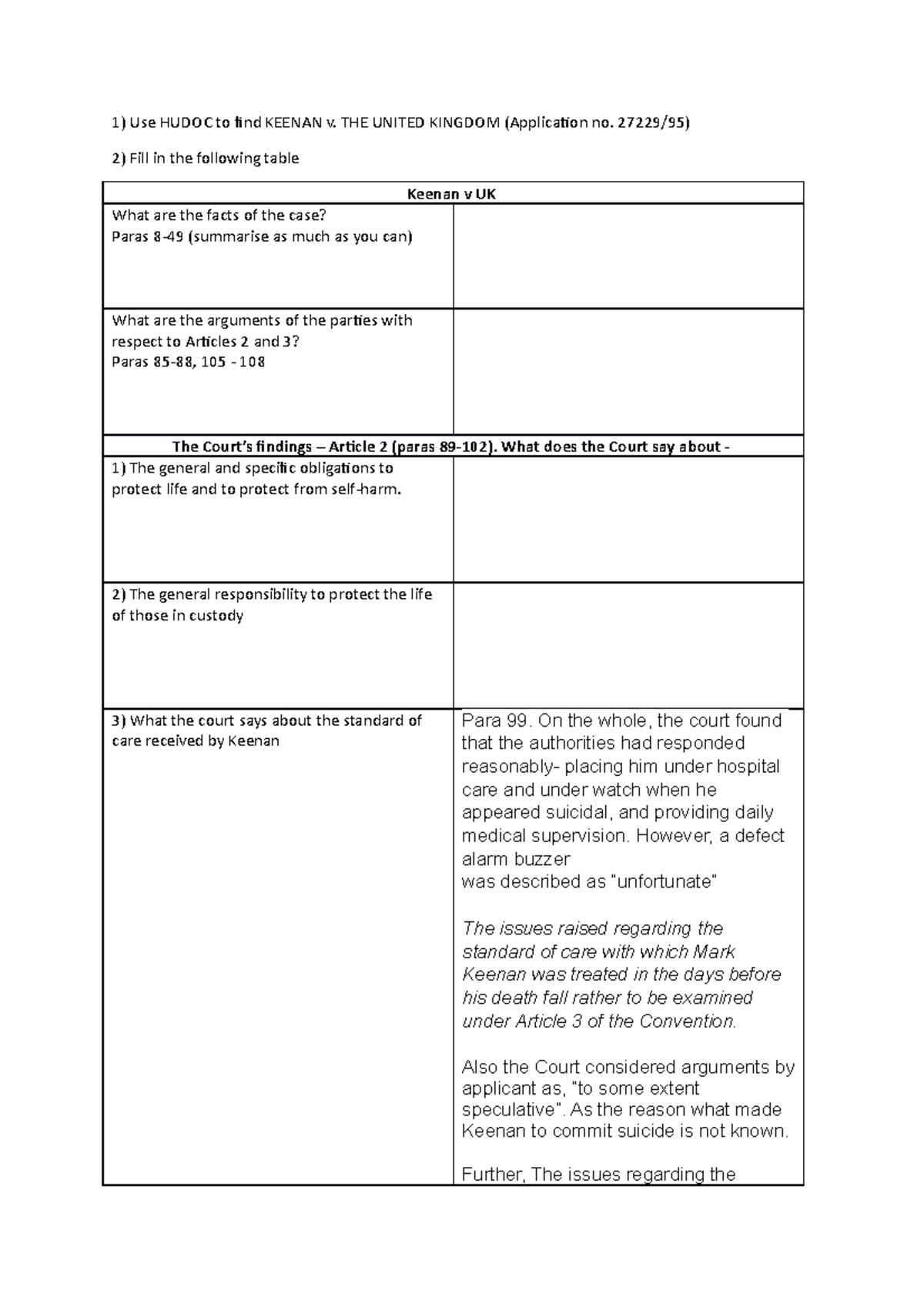Task 1 - Keenan - Use HUDOC to find KEENAN v. THE UNITED KINGDOM ...