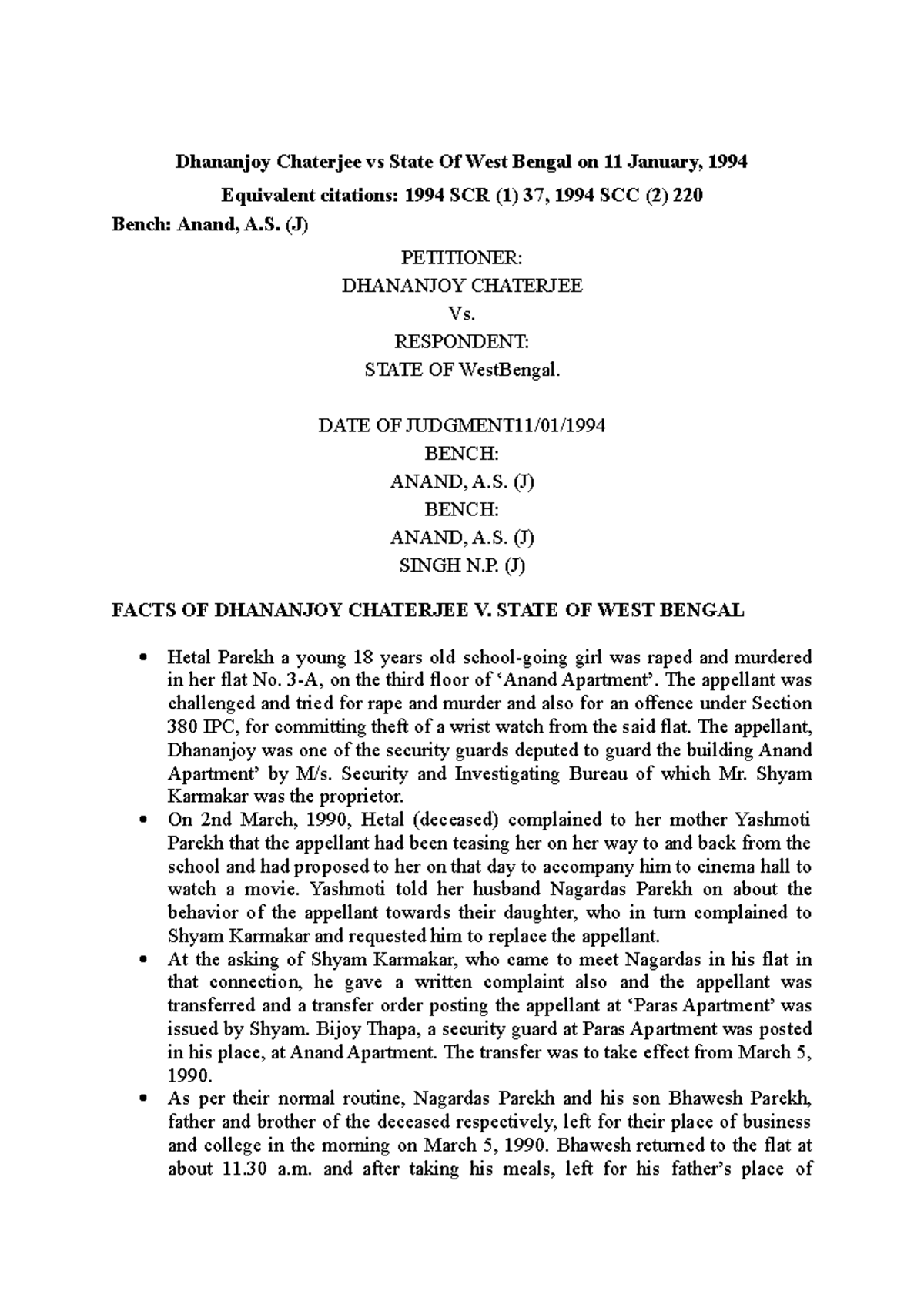Criminal Case Law - Dhananjoy Chaterjee vs State Of West Bengal on 11 ...