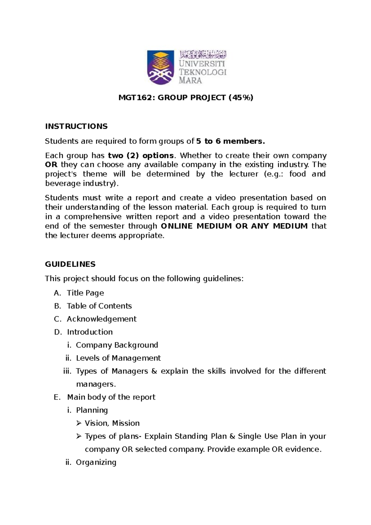 MGT162 Group Project October 2022 - MGT162: GROUP PROJECT (45% ...