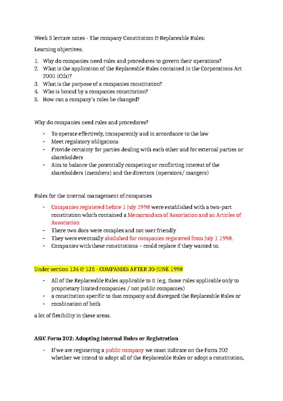 Week 5 lecture notes - Week 5 lecture notes - The company Constitution ...