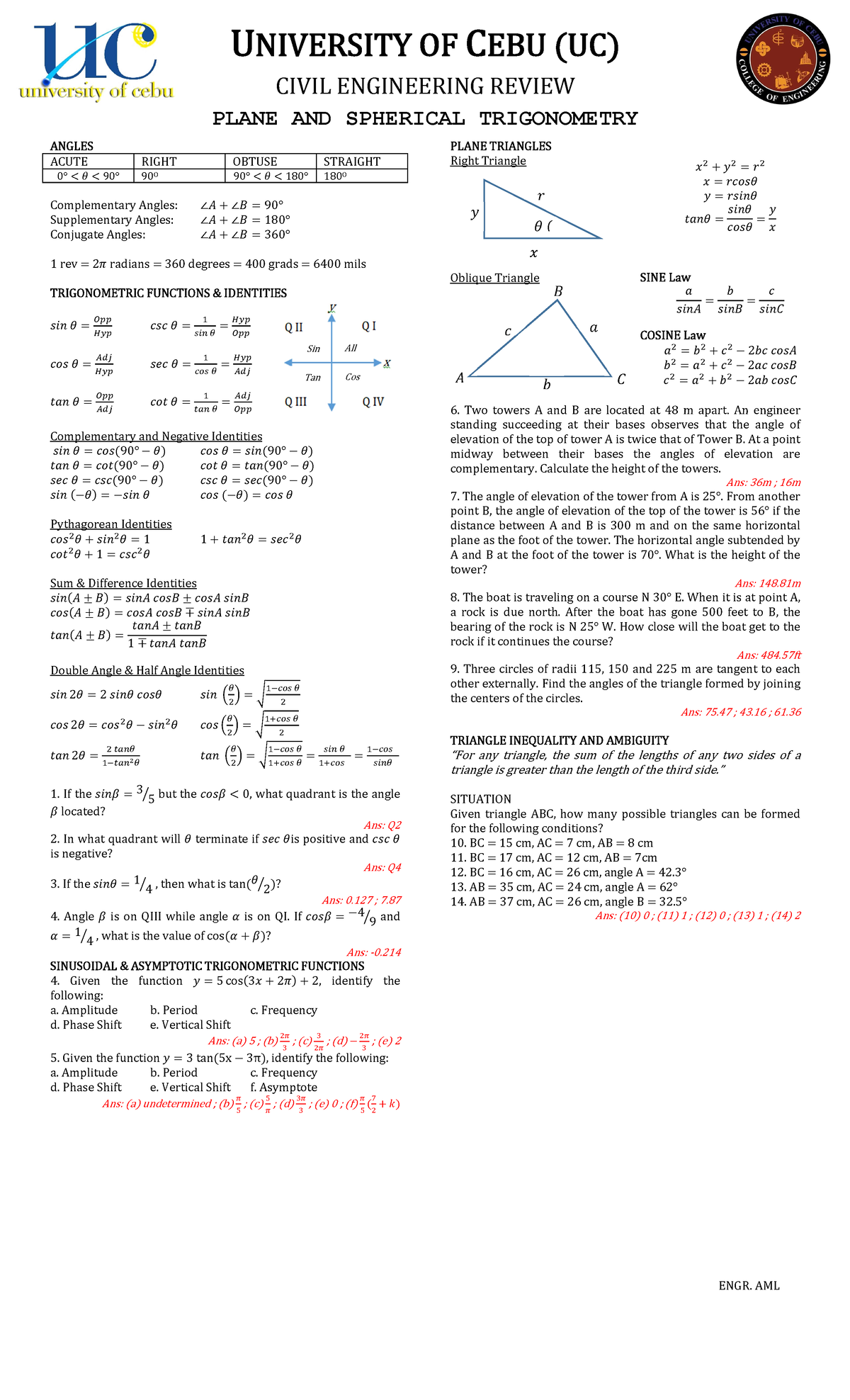 CE-EC-1 Trigonometry - CIVIL ENGINEERING REVIEW PLANE AND SPHERICAL ...