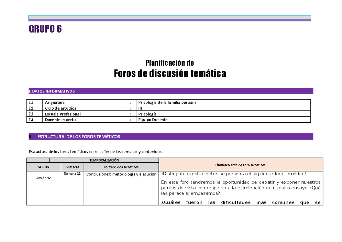 FORO DE Discusión Temática 12 - GRUPO 6 Planificación de Foros de ...
