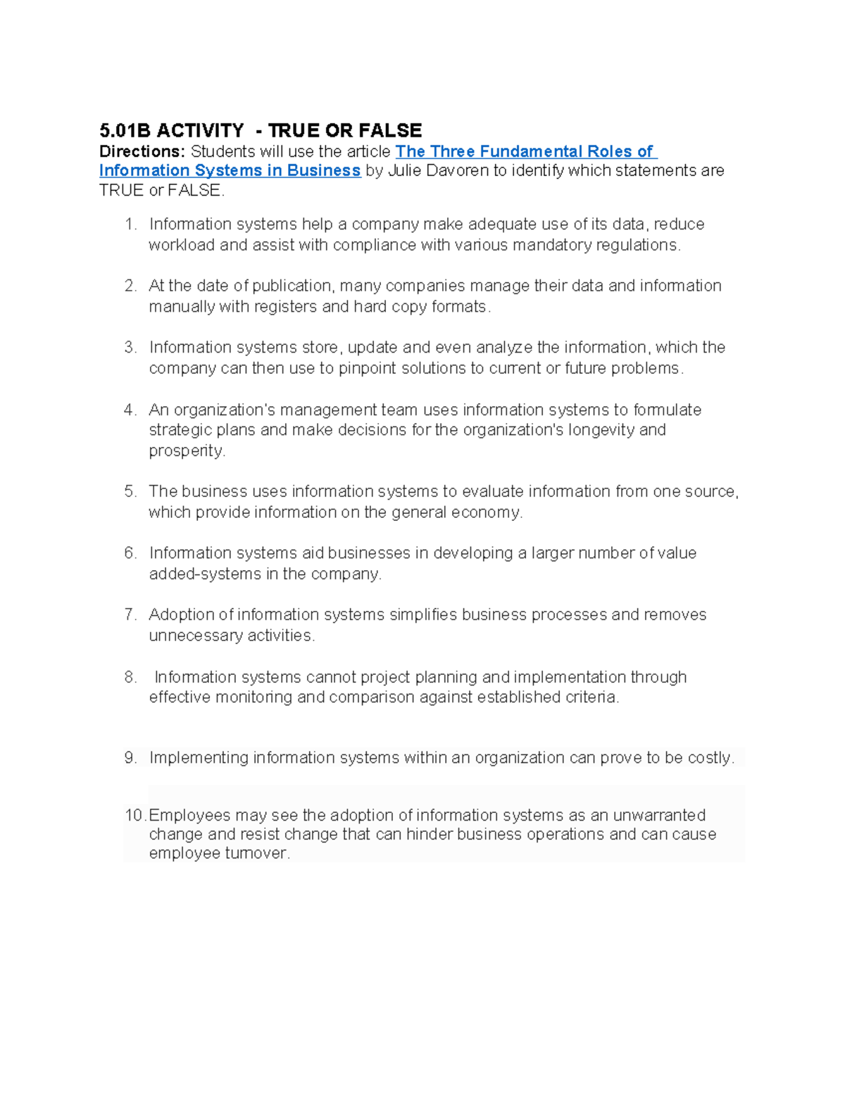 5.01 Day 1 Student Activit Y - 5 ACTIVITY - TRUE OR FALSE Directions: Students will use the ...