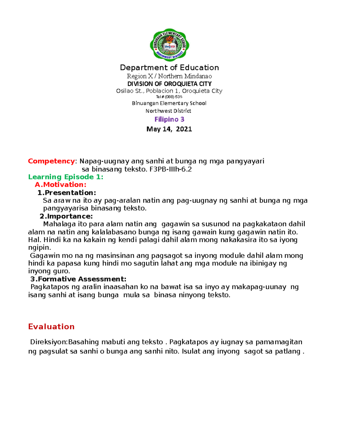 COT #2 May 2021-Filipino nauugnay - Department of Education Region X ...