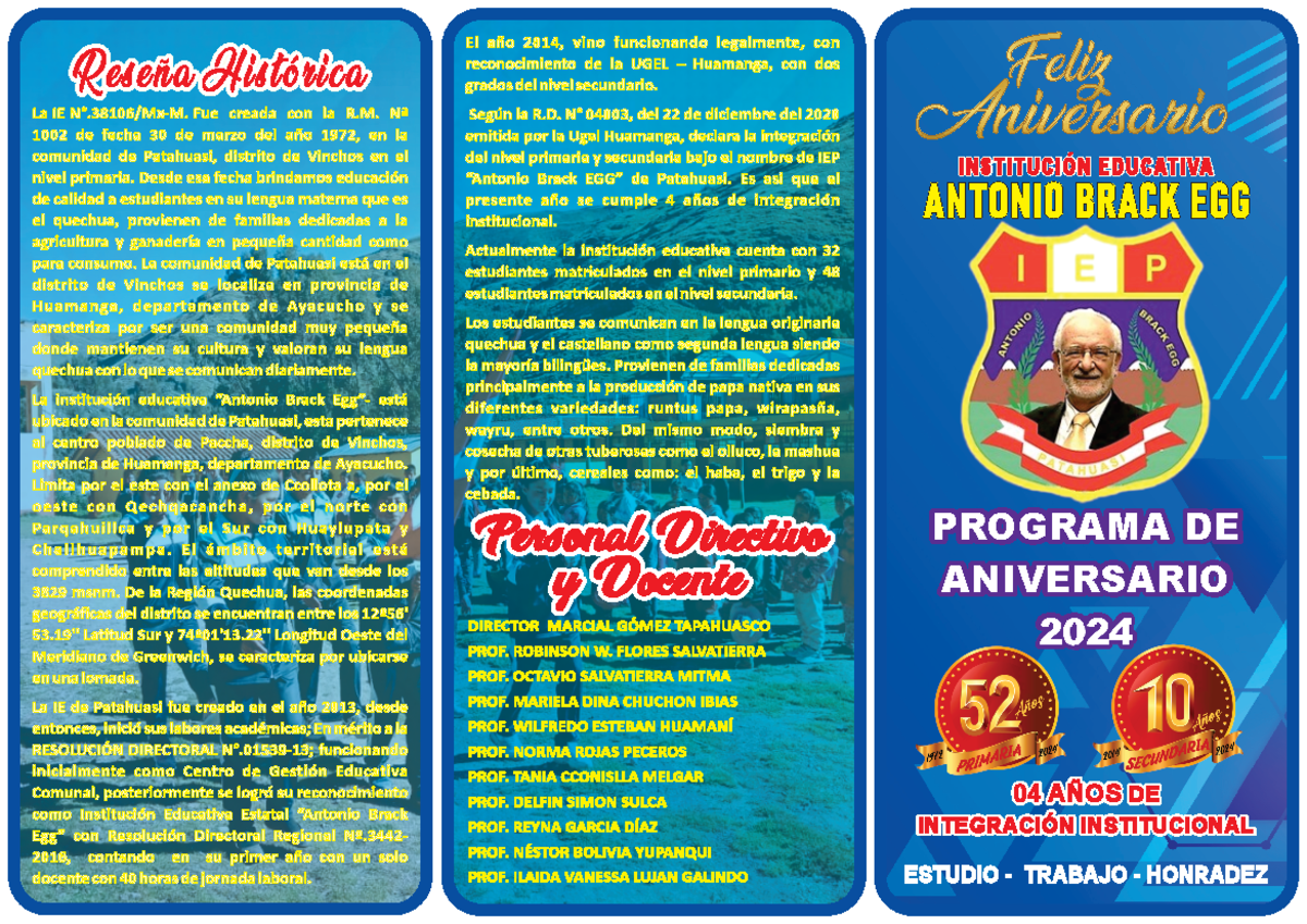 Invitación - Triptico - PROGRAMA DE ANIVERSARIO 2024 INSTITUCIÓN EDUCATIVA INTEGRACIÓN - Studocu