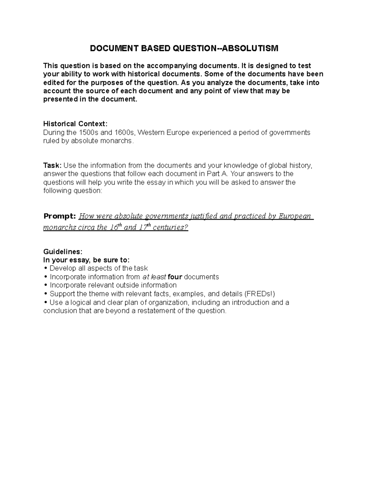 DBQ Absolutism 2020 - Work - DOCUMENT BASED QUESTION-ABSOLUTISM This ...