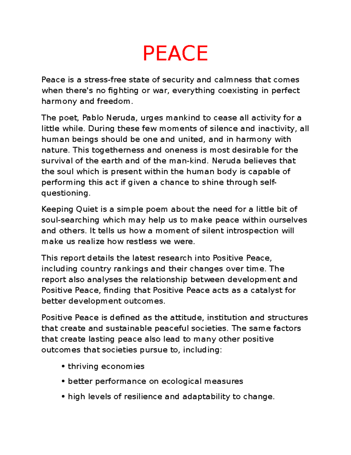Class 12 English project "Peace" - PEACE Peace is a stress-free state ...