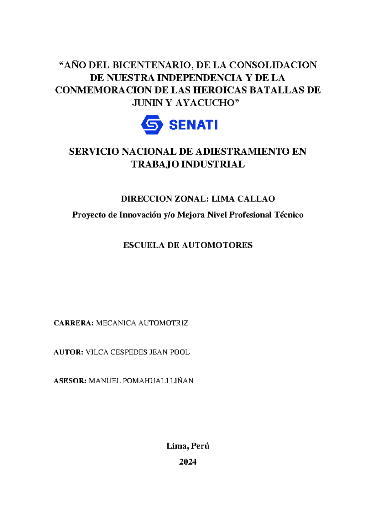 Proyecto DE Mejora ( Senati) - “AÑO DEL BICENTENARIO, DE LA ...