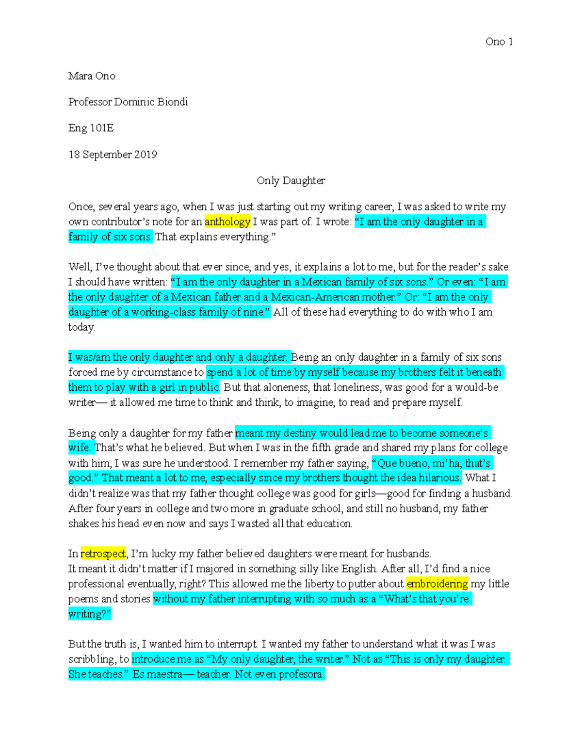 Only Daughter annotations - Mara Ono Professor Dominic Biondi Eng 101E 18 September 2019 Only ...