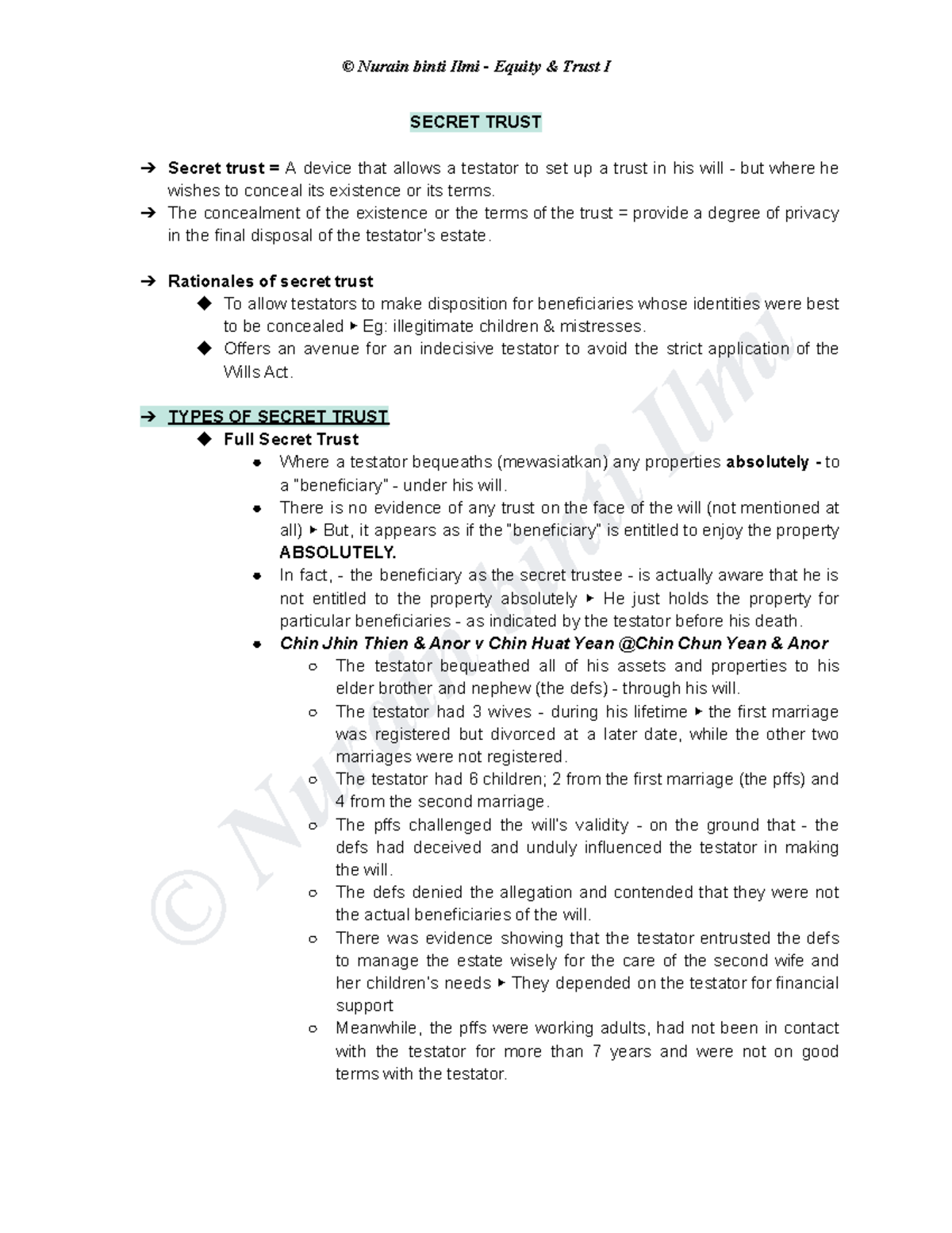 Secret Trust - Final Exam Notes - © Nurain binti Ilmi SECRET TRUST ...