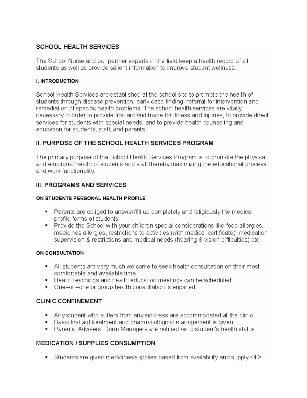Action PLAN for the Student Health Services - SCHOOL HEALTH SERVICES ...