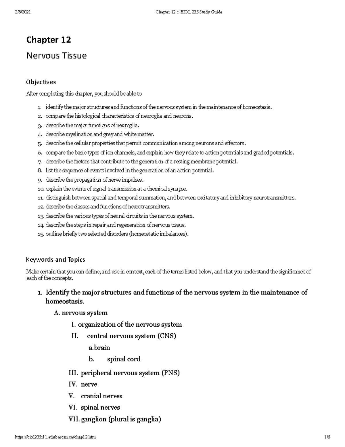 Chapter 12 BIOL 235 Study Guide - Chapter 12 Nervous Tissue Objectives ...