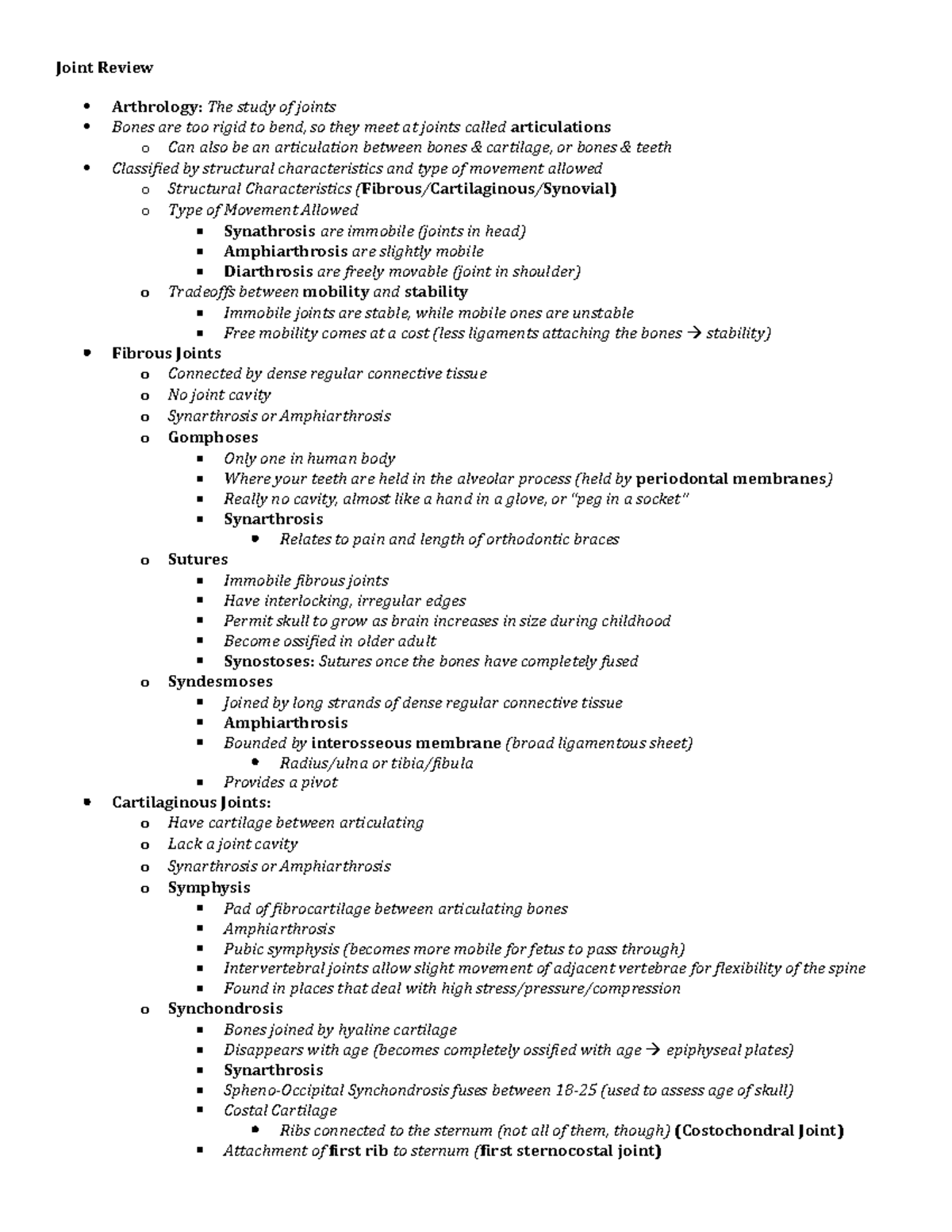 Joint Review - Biol Stuff - Joint Review Arthrology: The study of ...
