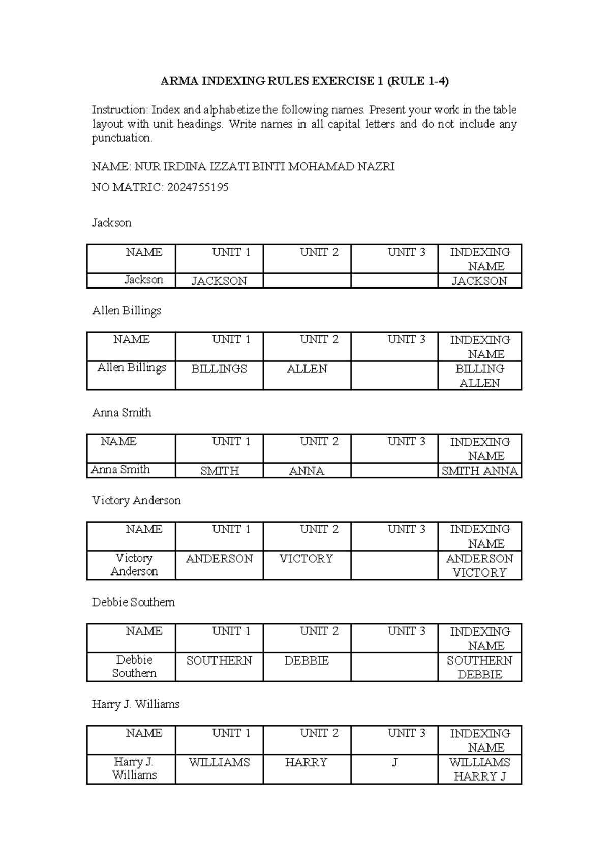 ARMA Indexing Rules Exercise 1 - ARMA INDEXING RULES EXERCISE 1 (RULE 1 ...
