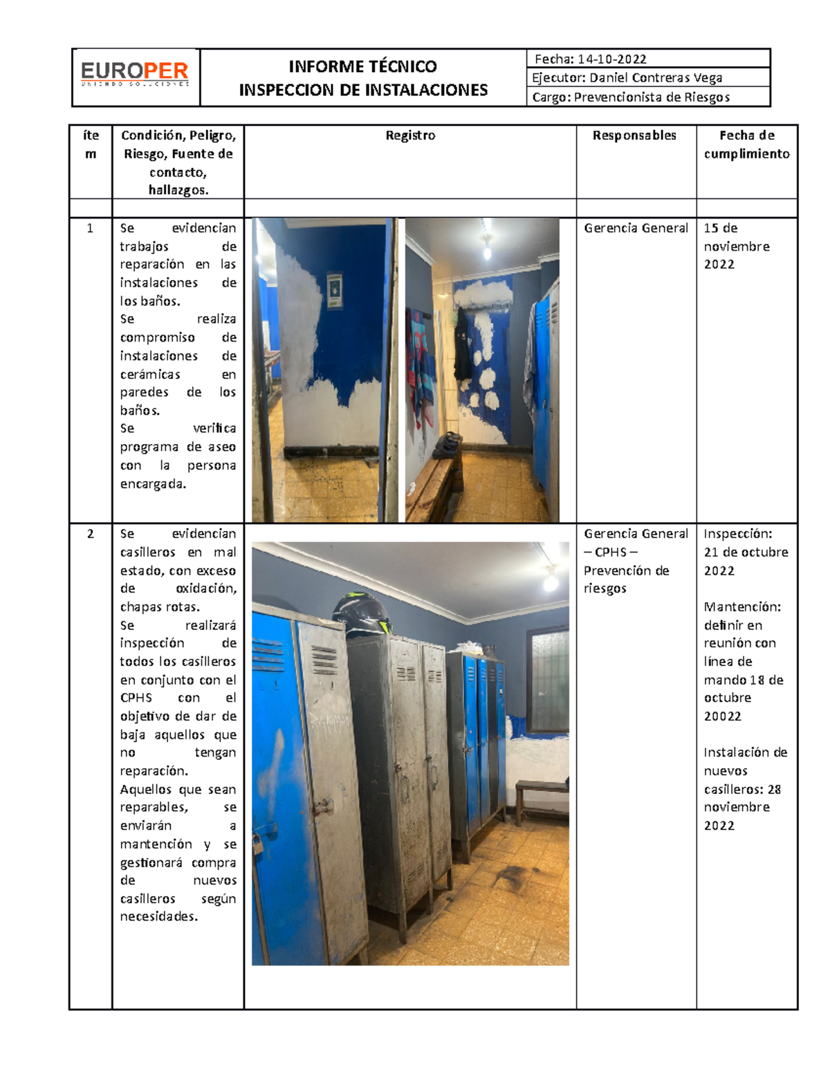 Informe técnico inspección - INFORME TÉCNICO INSPECCION DE INSTALACIONES Ejecutor: Daniel ...