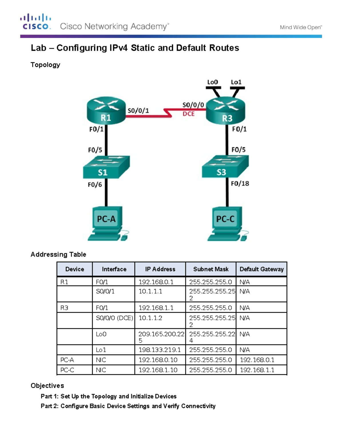 Lab4 - Configuring IPv4 Static and Default Routes - Lab – Configuring ...