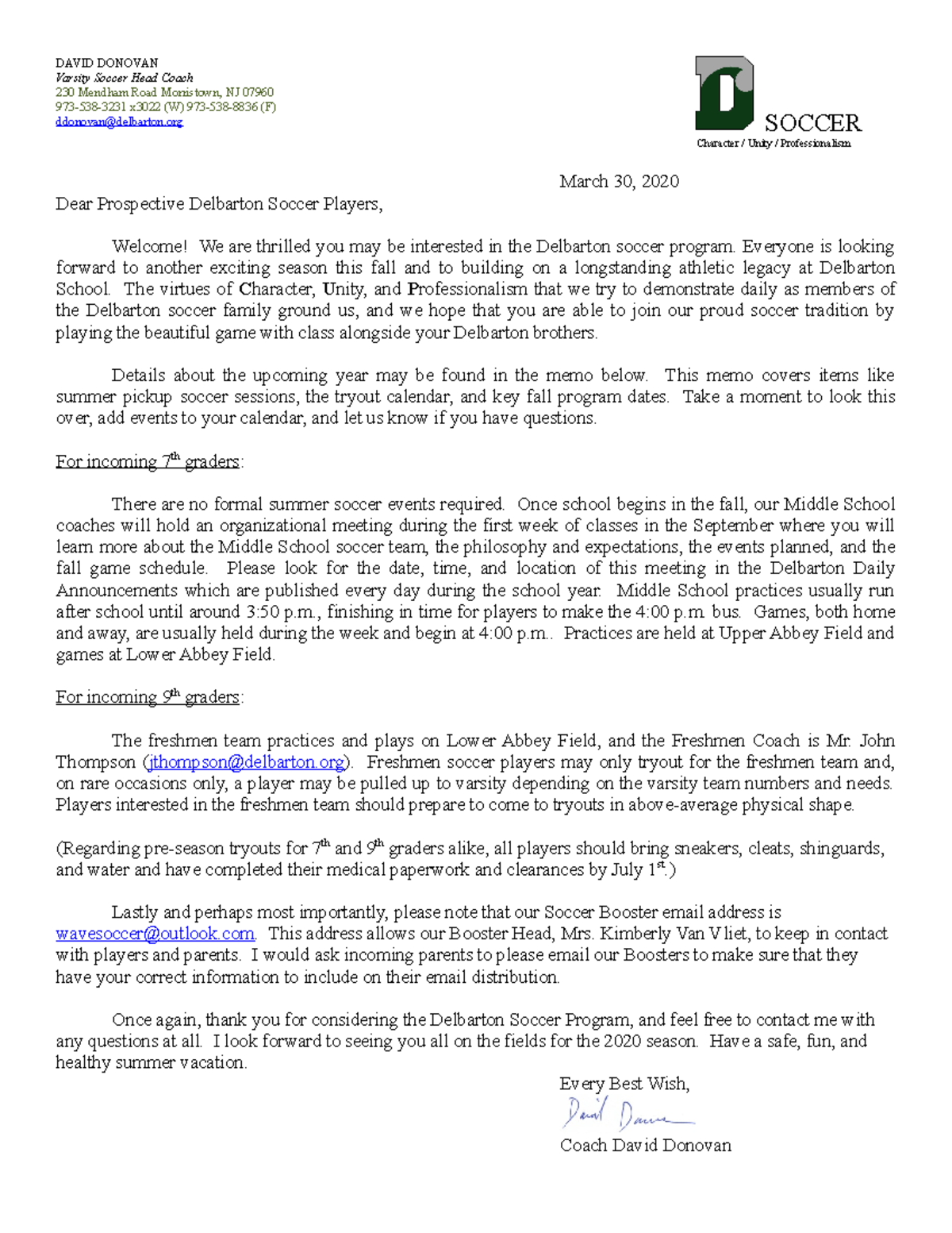 7th and 9th Summer Soccer Letter 2020 - DAVID DONOVAN Varsity Soccer ...