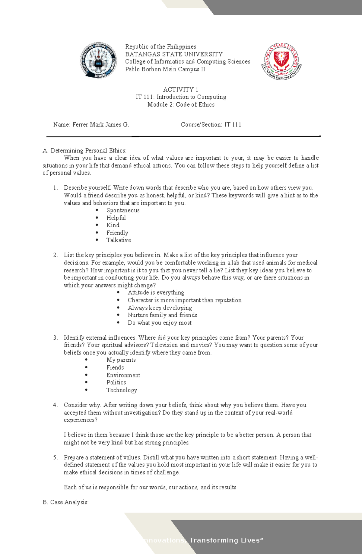 Module 2 Activity 1 - n/a - Republic of the Philippines BATANGAS STATE UNIVERSITY College of ...