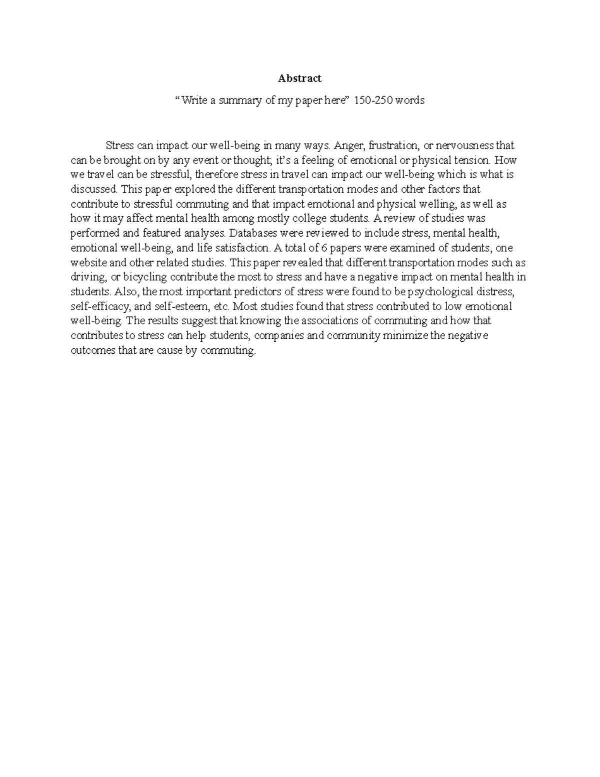 Abstract - Abstract “Write a summary of my paper here” 150-250 words ...