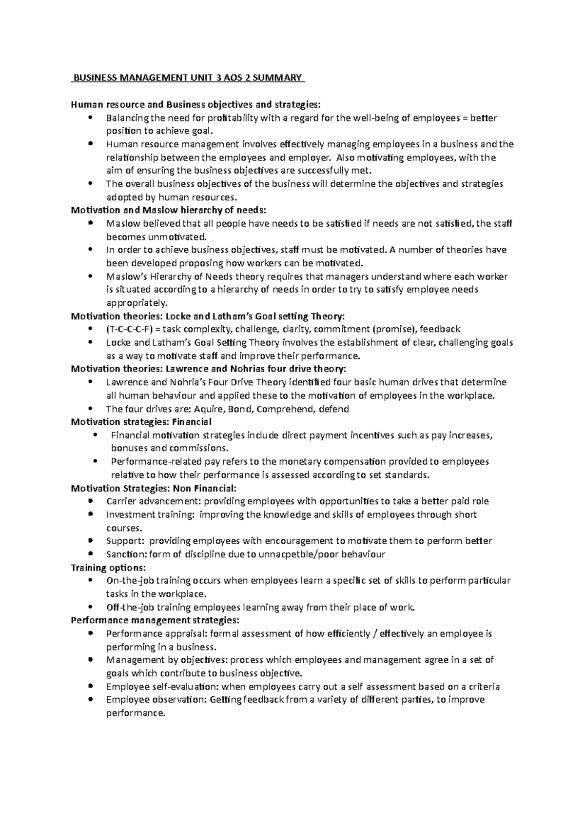 Summary Unit 3 AOS 2 Business and Mangement - BUSINESS MANAGEMENT UNIT ...