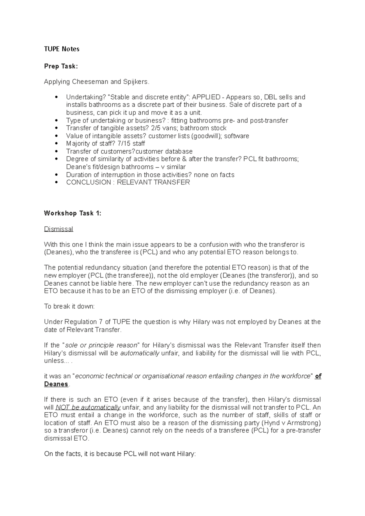 TUPE Notes - TUPE Notes Prep Task: Applying Cheeseman and Spijkers ...