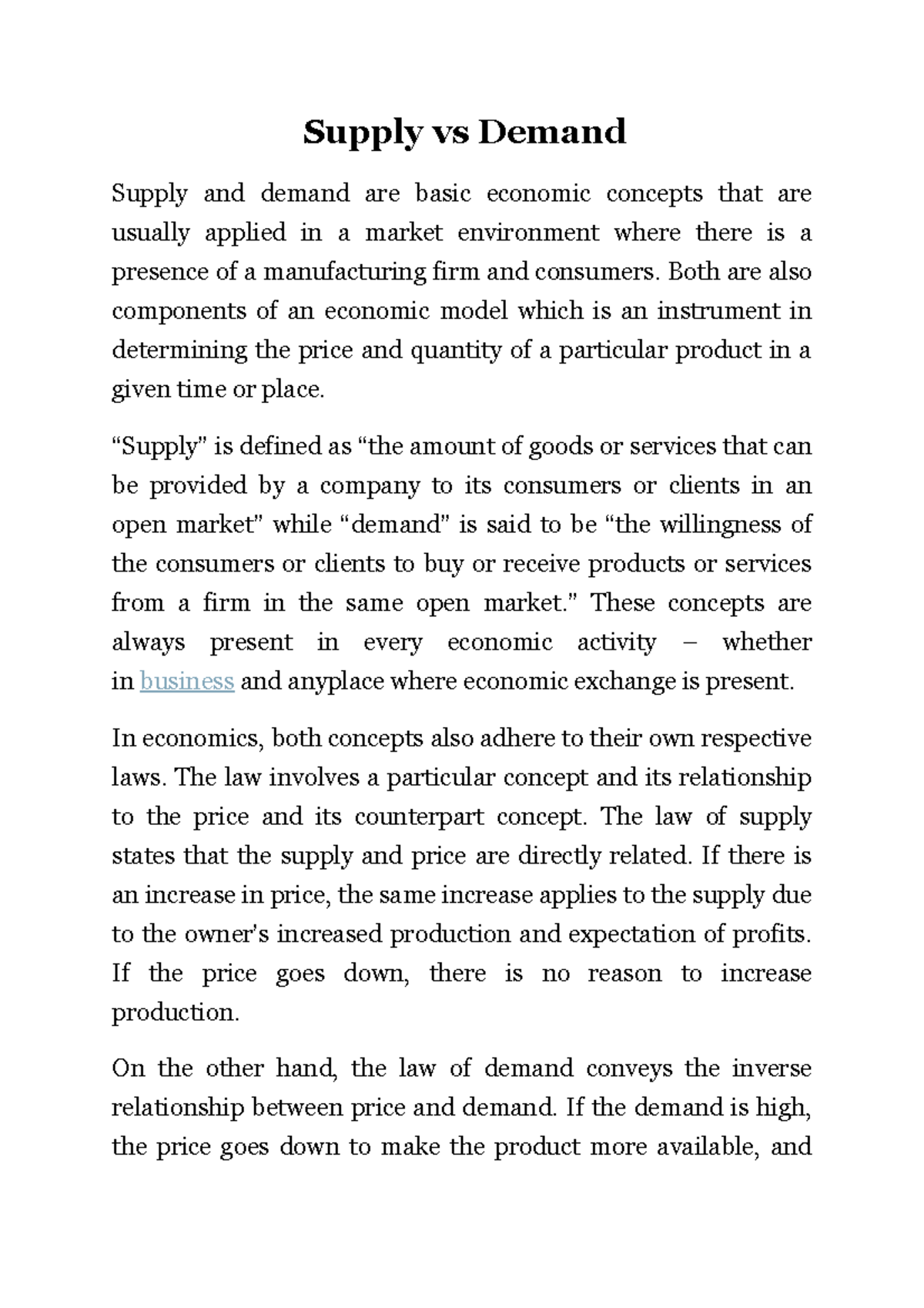 Supply vs Demand INTRODUCTION NOTES - Supply vs Demand Supply and ...