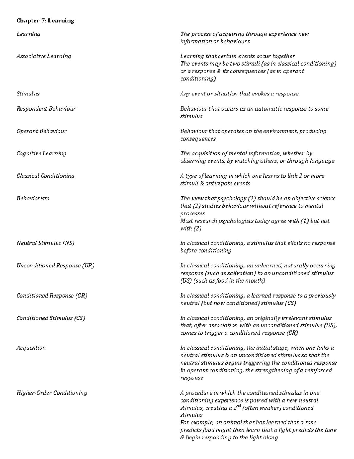 Chapter 7-Learning - Summary Psychology - Chapter 7: Learning Learning ...