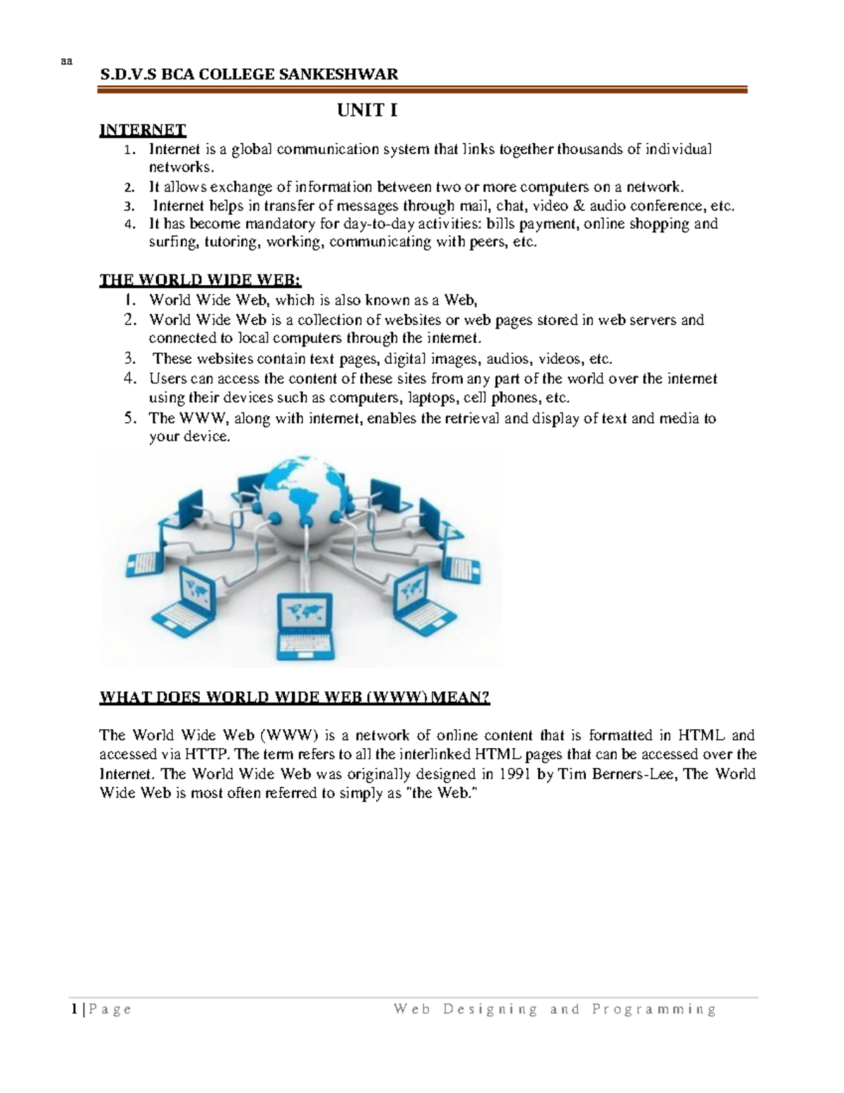 WP UNIT-1 - S.D.V BCA COLLEGE SANKESHWAR aa UNIT I INTERNET 1. Internet is a global ...