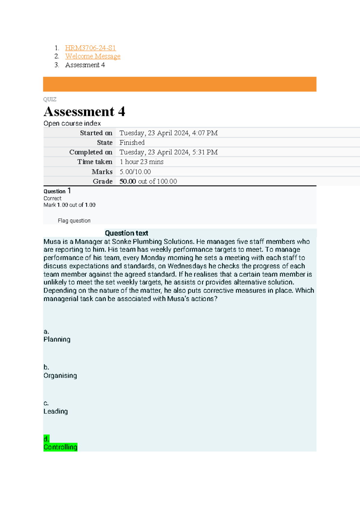 HRM3706 Assgn 4 - 1. HRM3706-24-S 2. Welcome Message 3. Assessment 4 QUIZ Assessment 4 Open ...