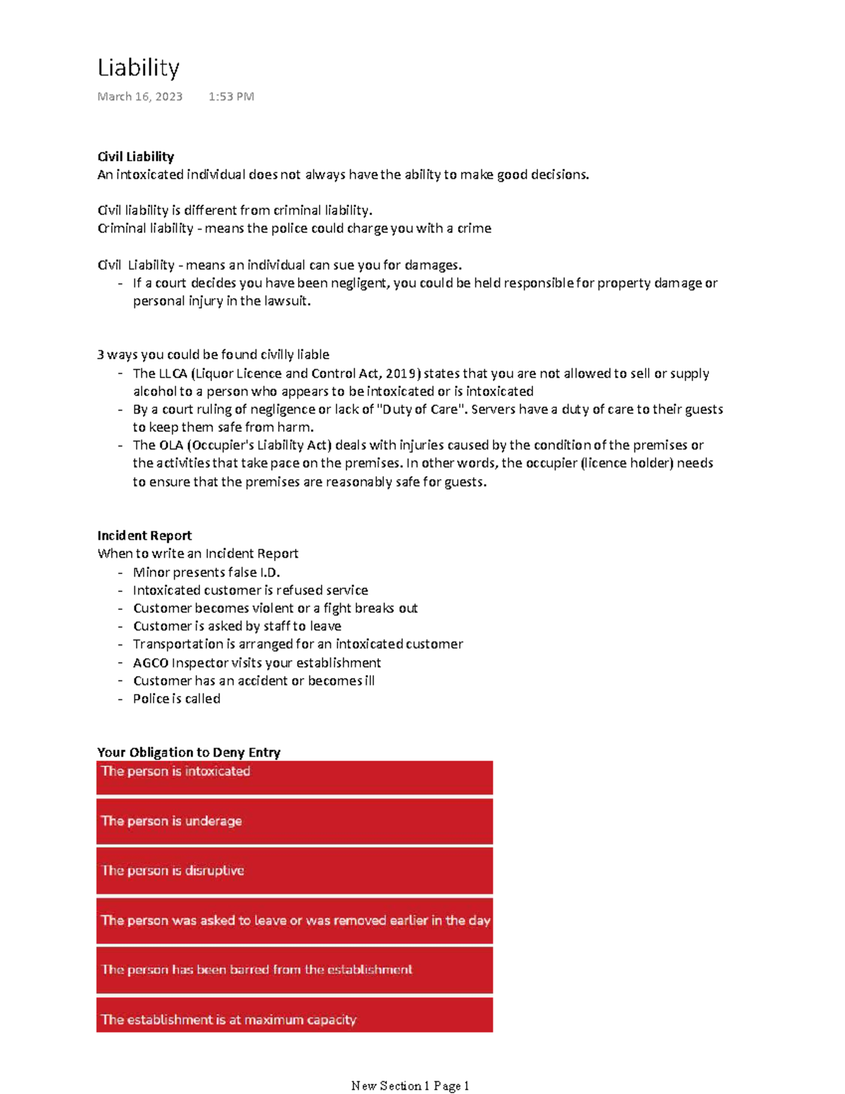Liability - Notes - HREQ2440 - Yorku - Studocu