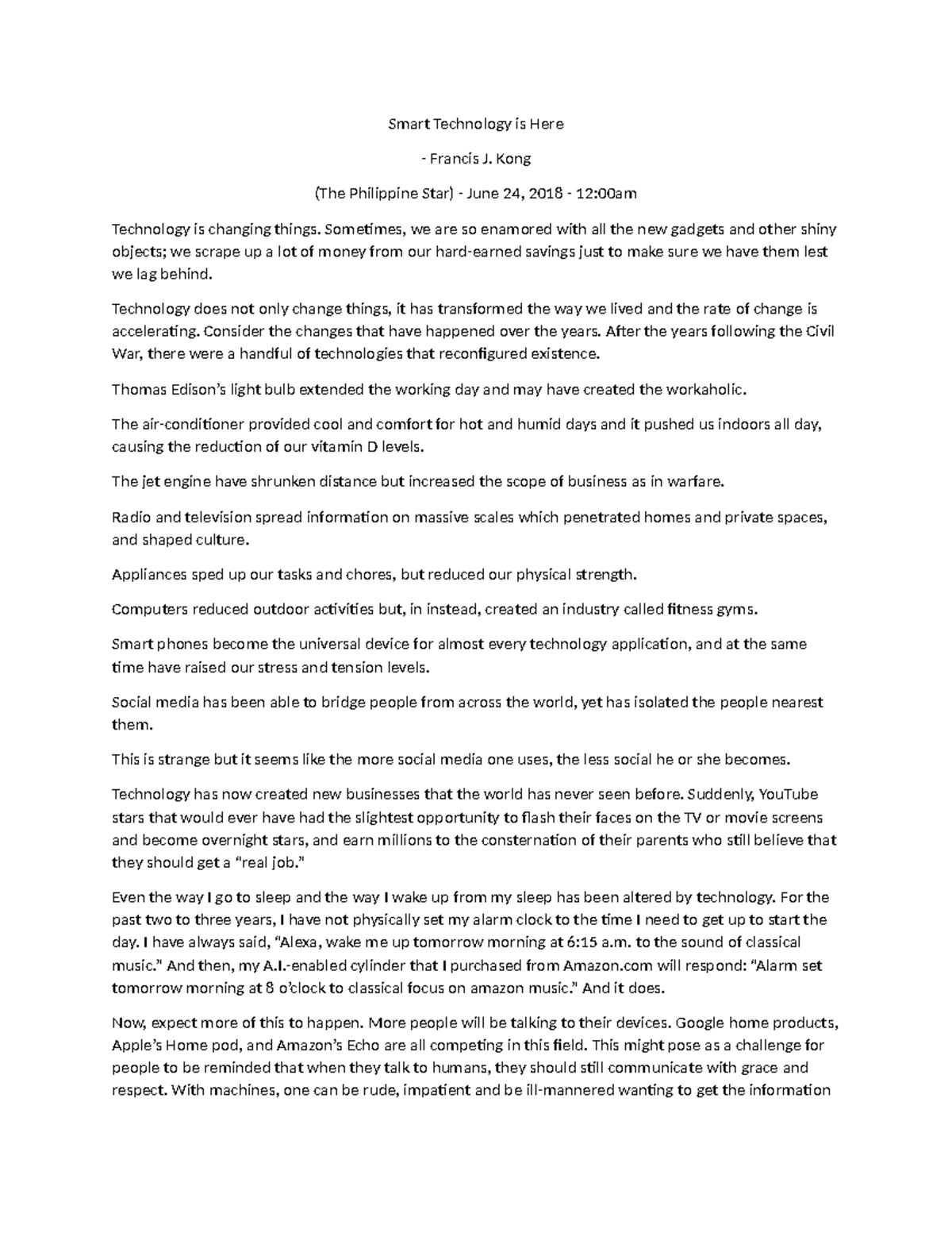 Reading activity for EAPP - Smart Technology is Here - Francis J. Kong (The Philippine Star ...