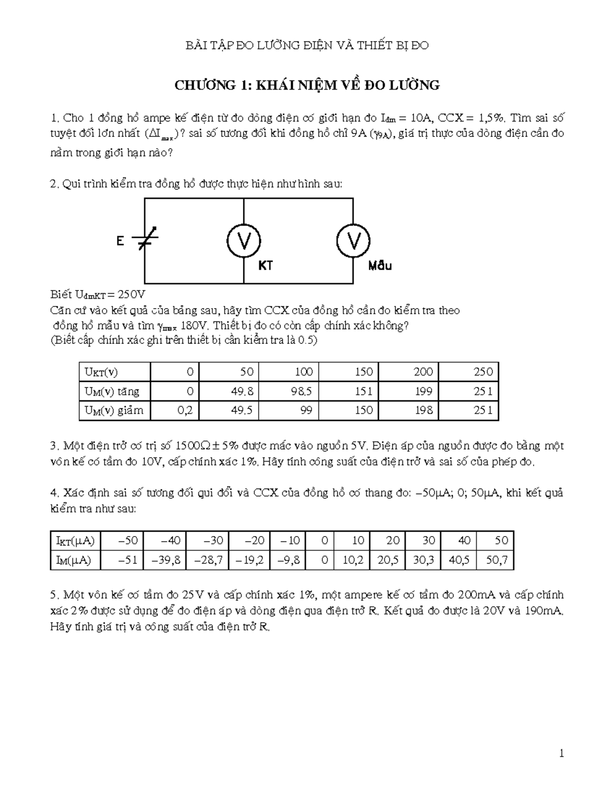 BAI TAP MON DO Luong DIEN - BAØI TAÄP ÑO LÖÔØNG ÑIEÄN VAØ THIEÁT BÒ ÑO CHÖÔNG 1: KHAÙI NIEÄM VEÀ ...