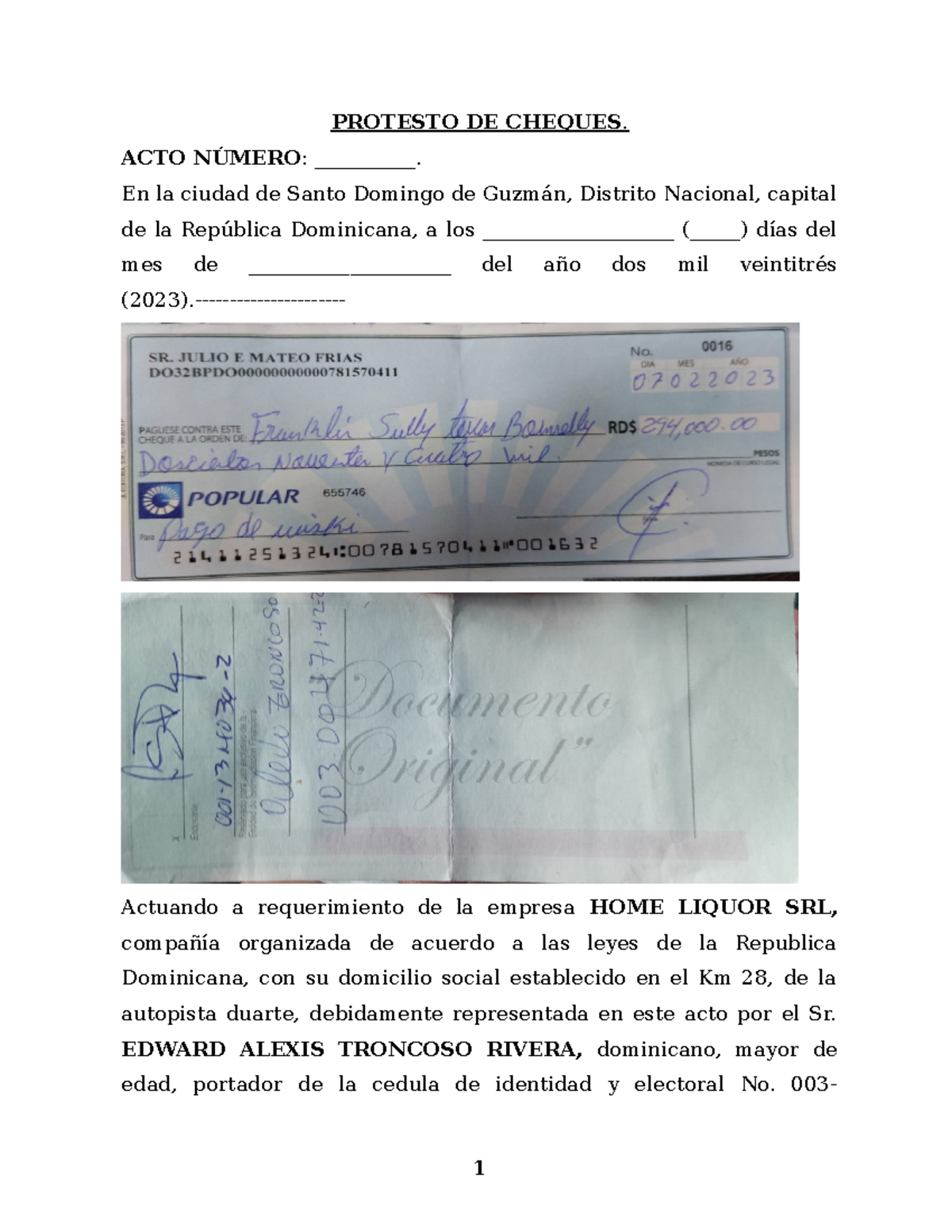 Protesto Cheque HOME Liquor SRL - PROTESTO DE CHEQUES. ACTO NÚMERO ...