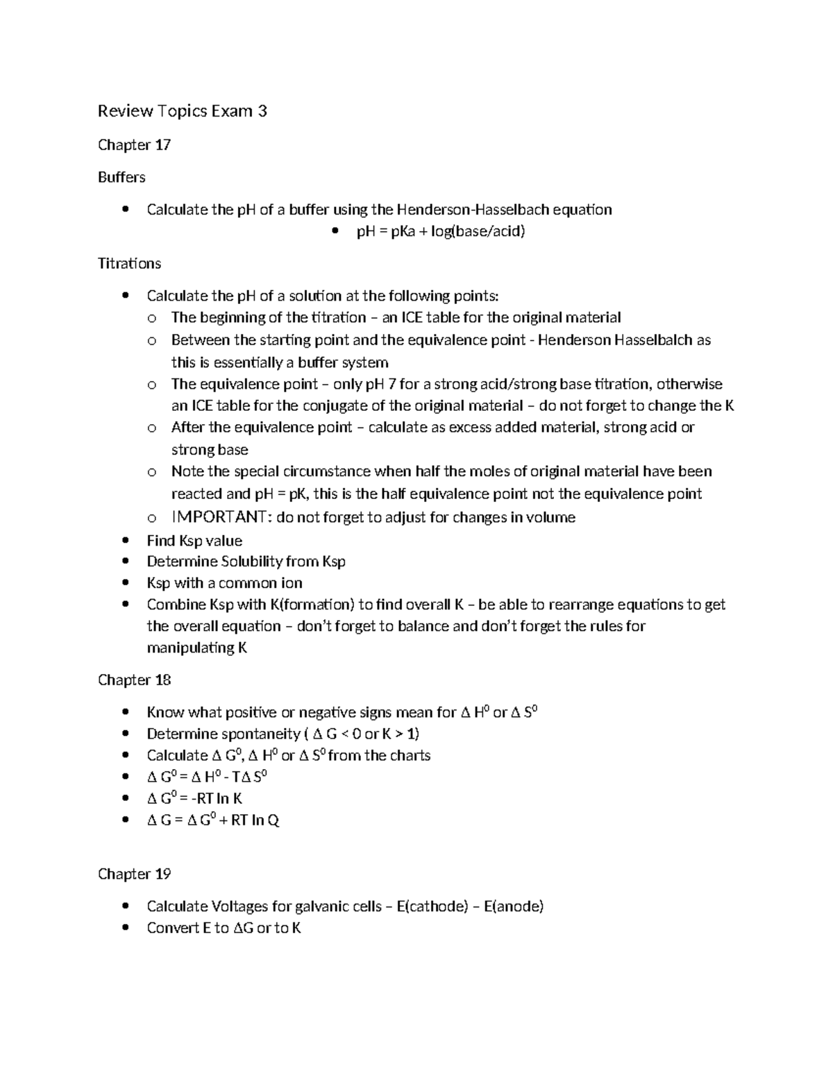 EXAM 3 Study Guide topics - Review Topics Exam 3 Chapter 17 Buffers ...