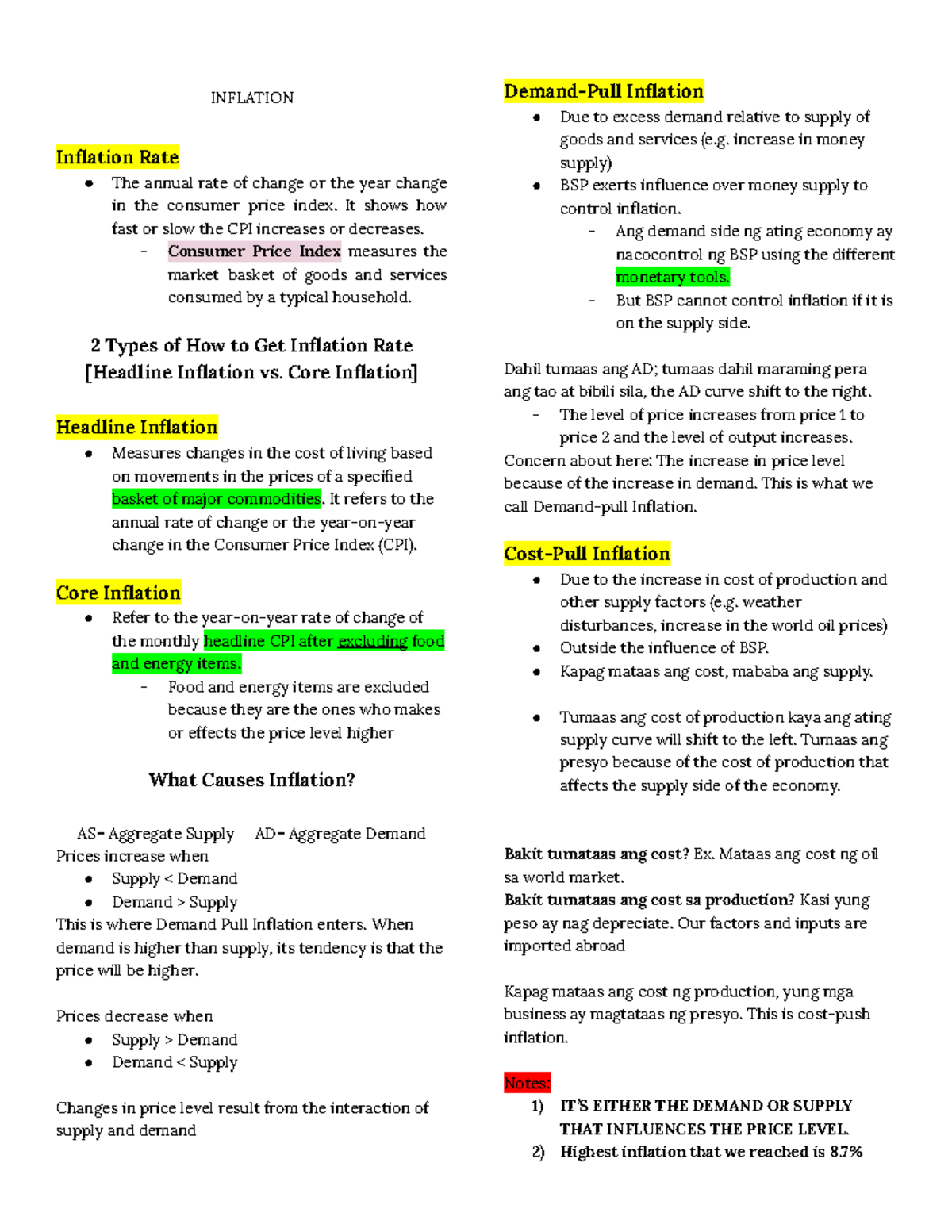 Econ Dev [Topics for Finals] - INFLATION Inflation Rate The annual rate ...