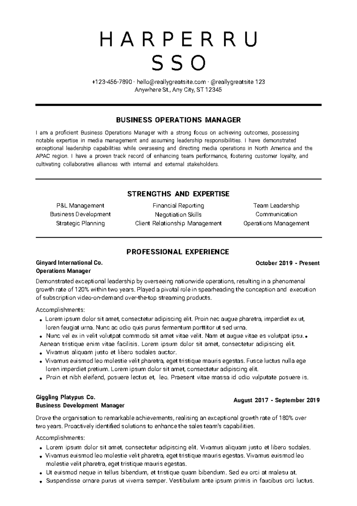 Black and White Corporate Resume - H A R P E R R U S S O +123-456-7890 ...