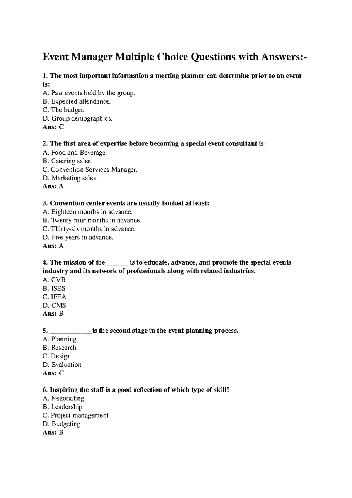 Event Management Mcq - ................................. - Event Manager Multiple Choice ...