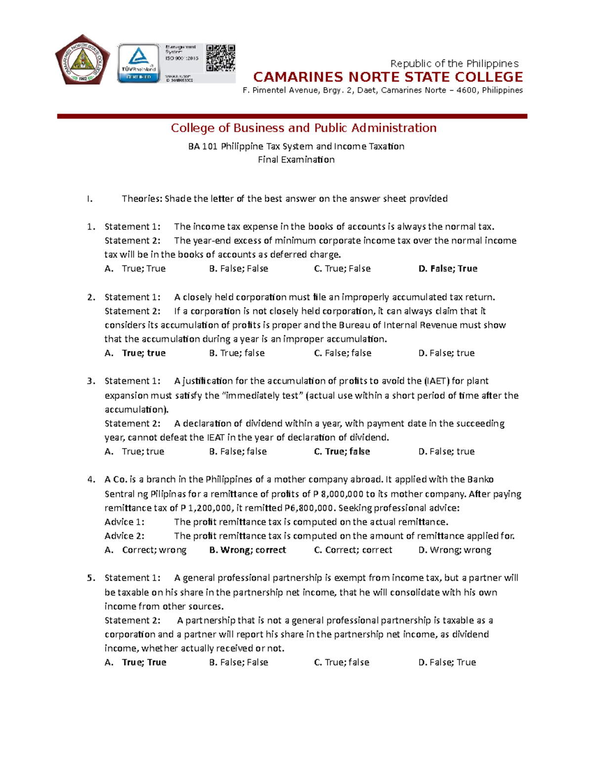 BA 101 FINAL EXAM - BA 101 Philippine Tax System and Income Taxation ...
