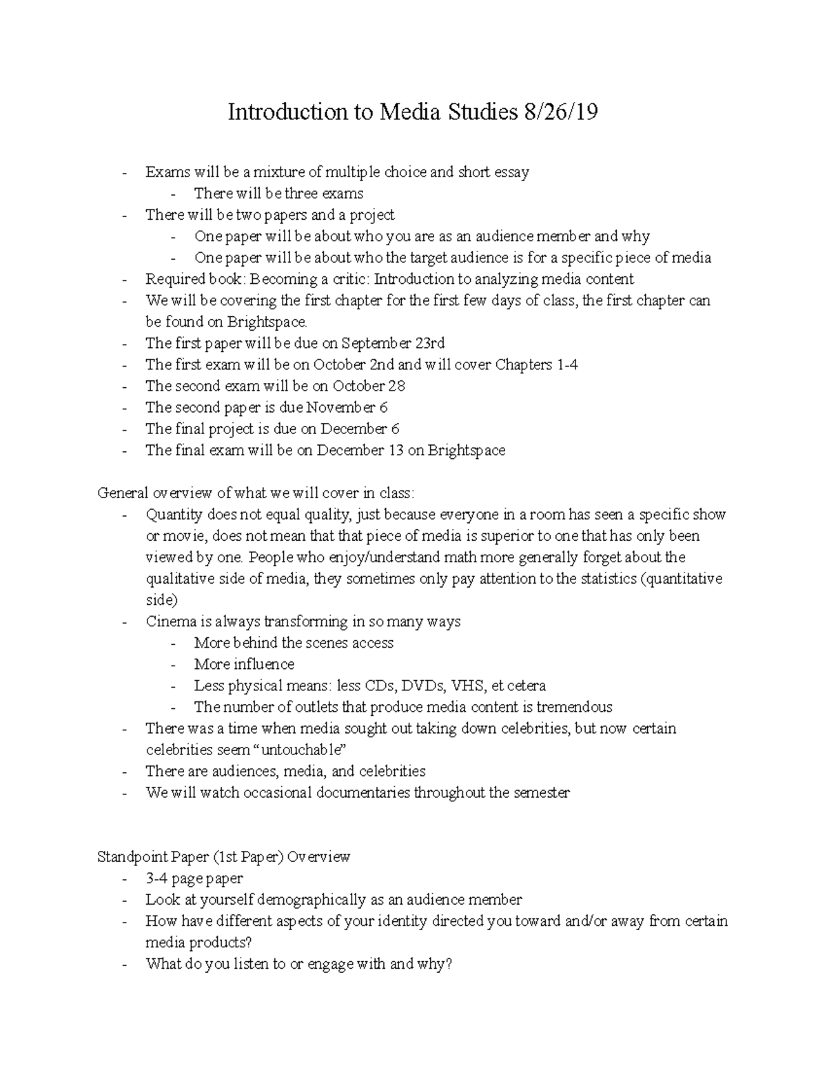 Intro to Media Studies 8 26 19 - Introduction to Media Studies 8/26 ...