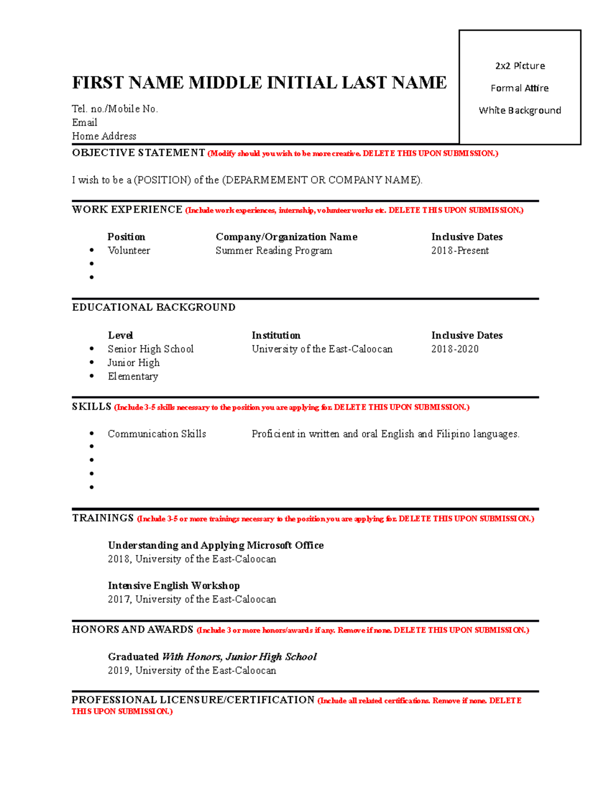 Resume-Template - resume template - FIRST NAME MIDDLE INITIAL LAST NAME ...
