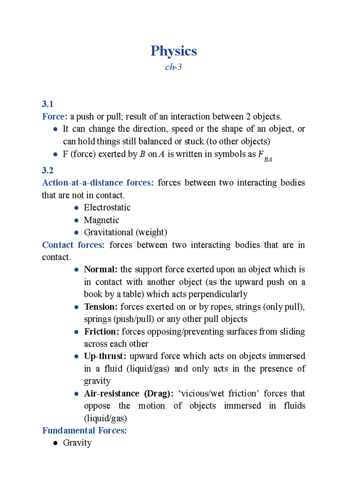 Ch-3 - Physics notes from school book - Physics ch- 3. Force: a push or ...