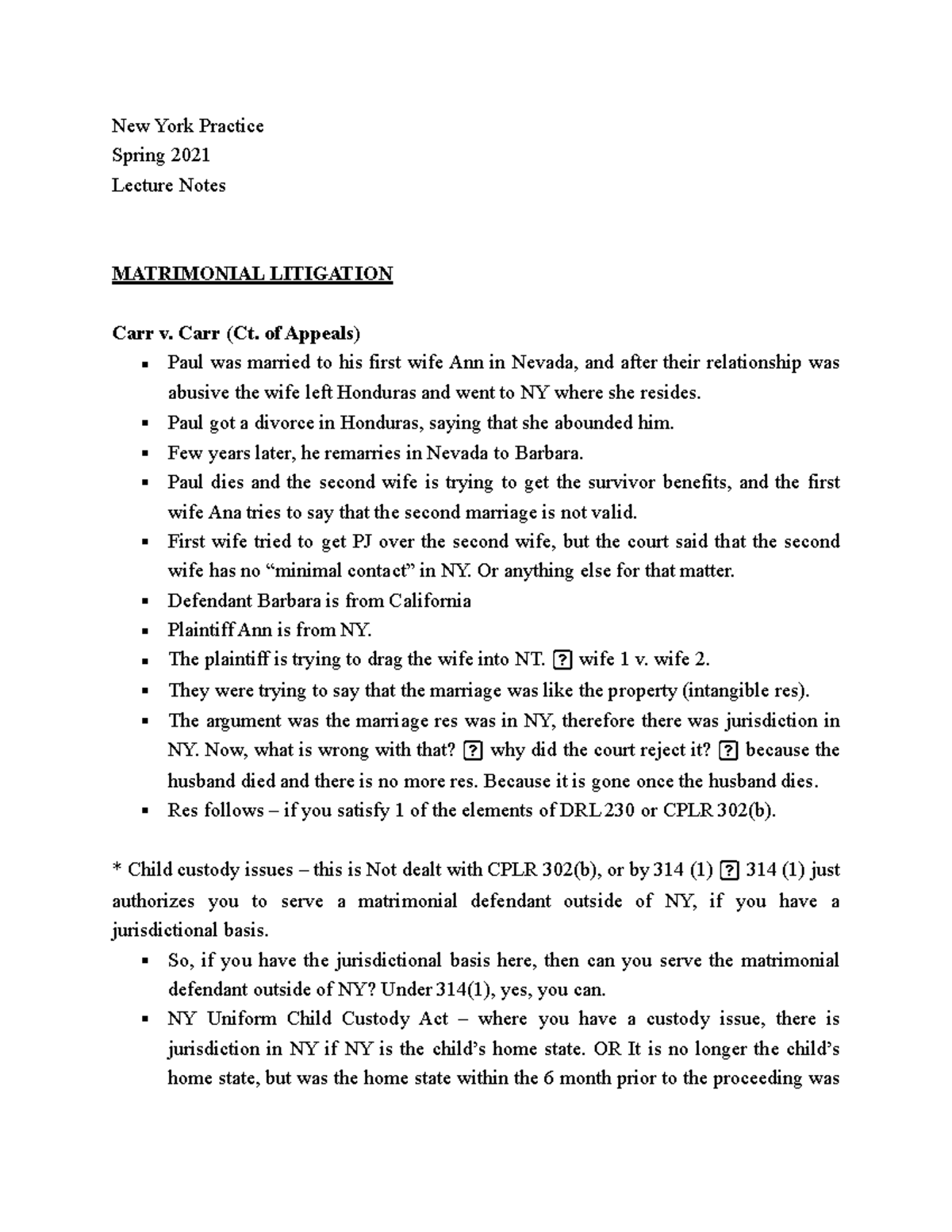 Matrimonial Litigation - New York Practice Spring 2021 Lecture Notes ...