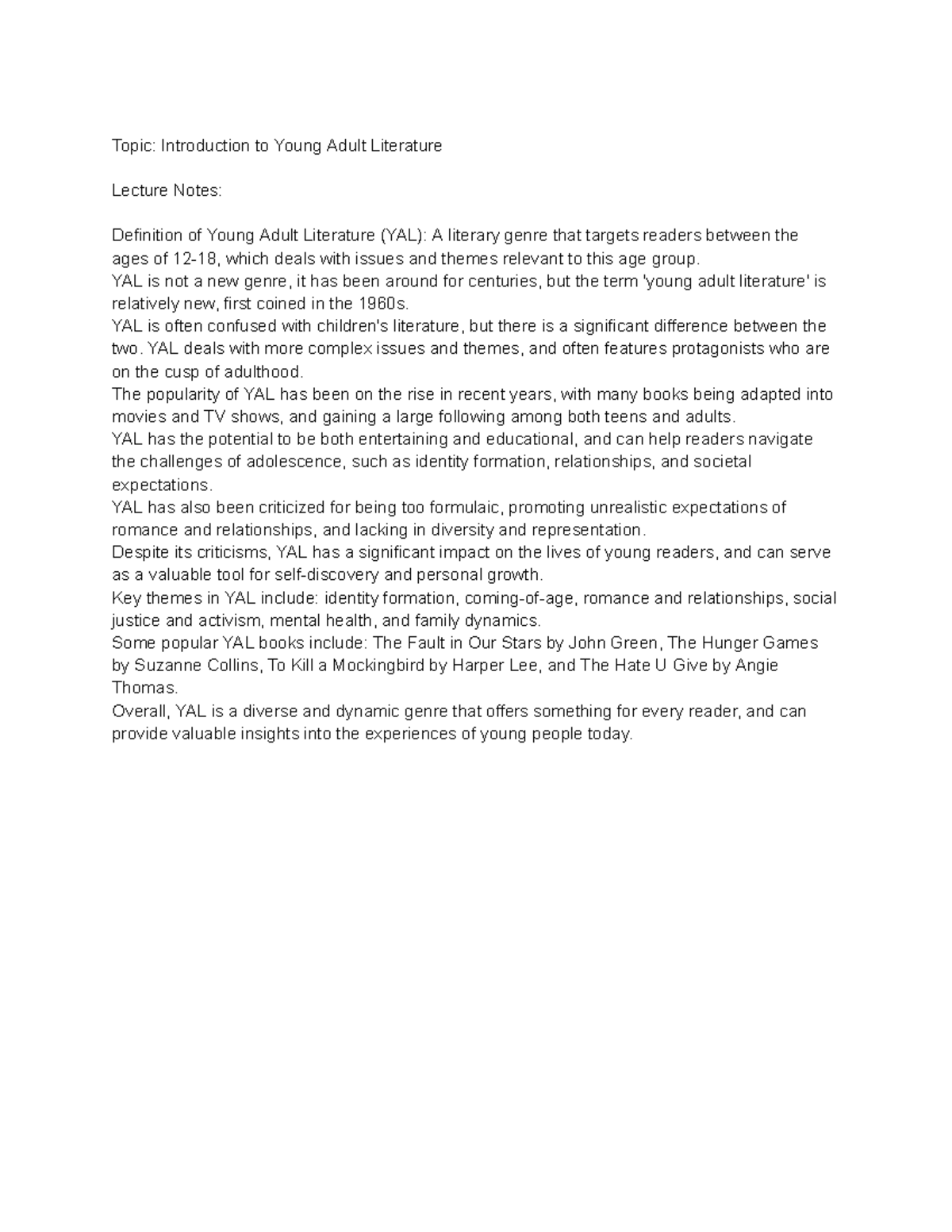 Topic Introduction to Young Adult Literature-2 - Topic: Introduction to ...